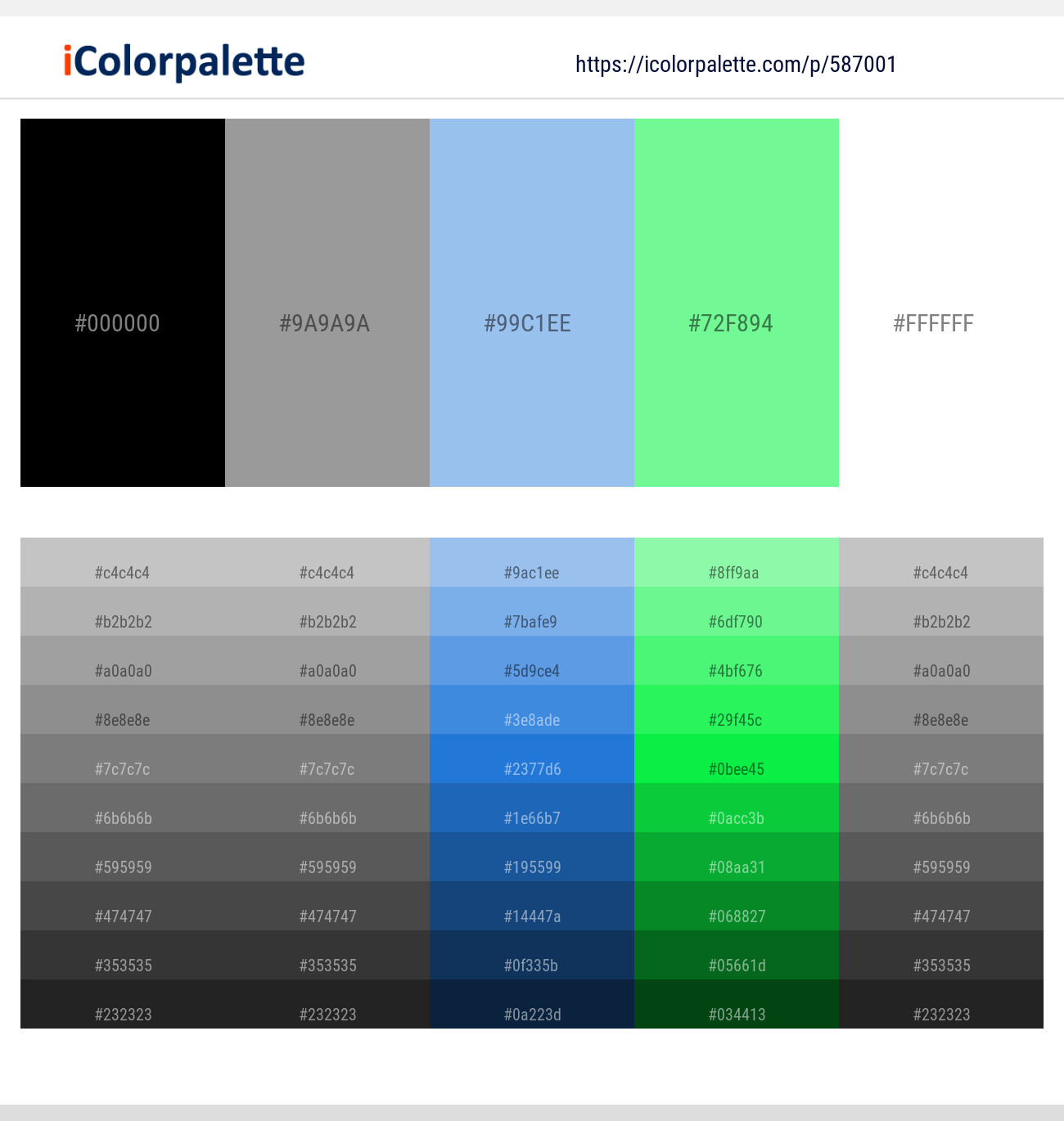 Black – Dusty Gray – Cornflower – Screamin’ Green – White Color scheme ...