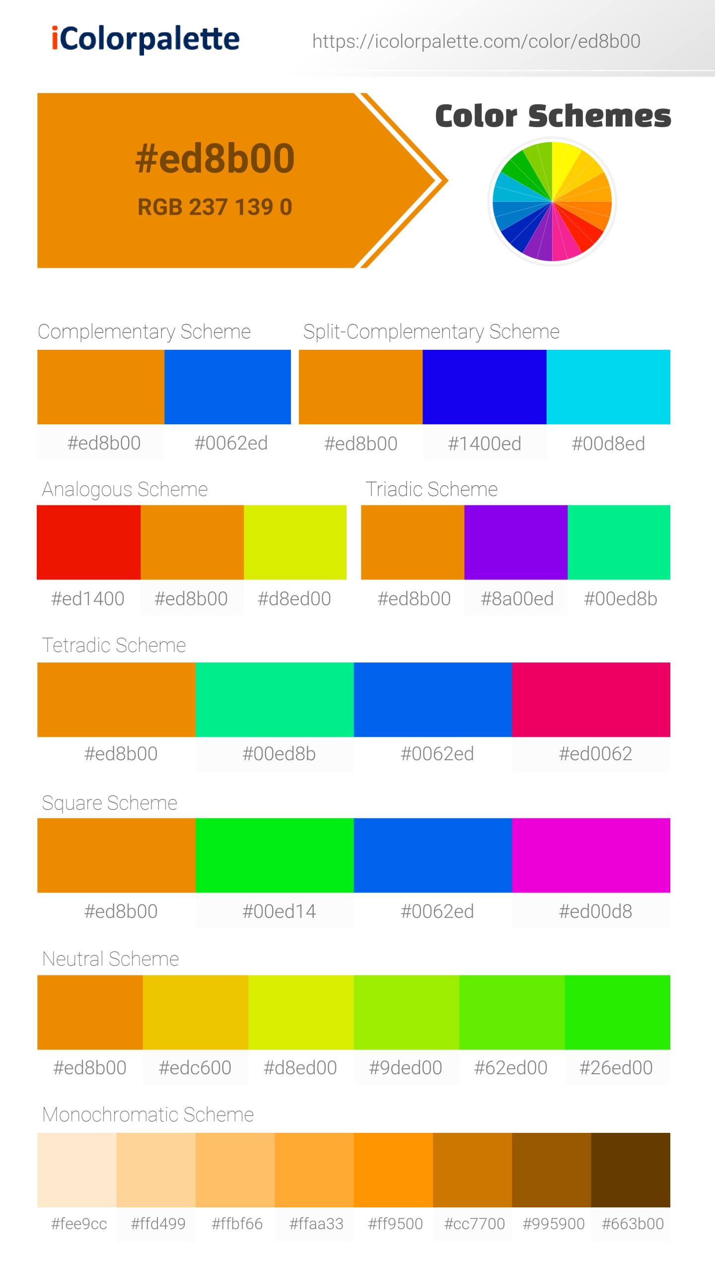 Hex Color #ed8b00 information | Hsl | Rgb | Pantone